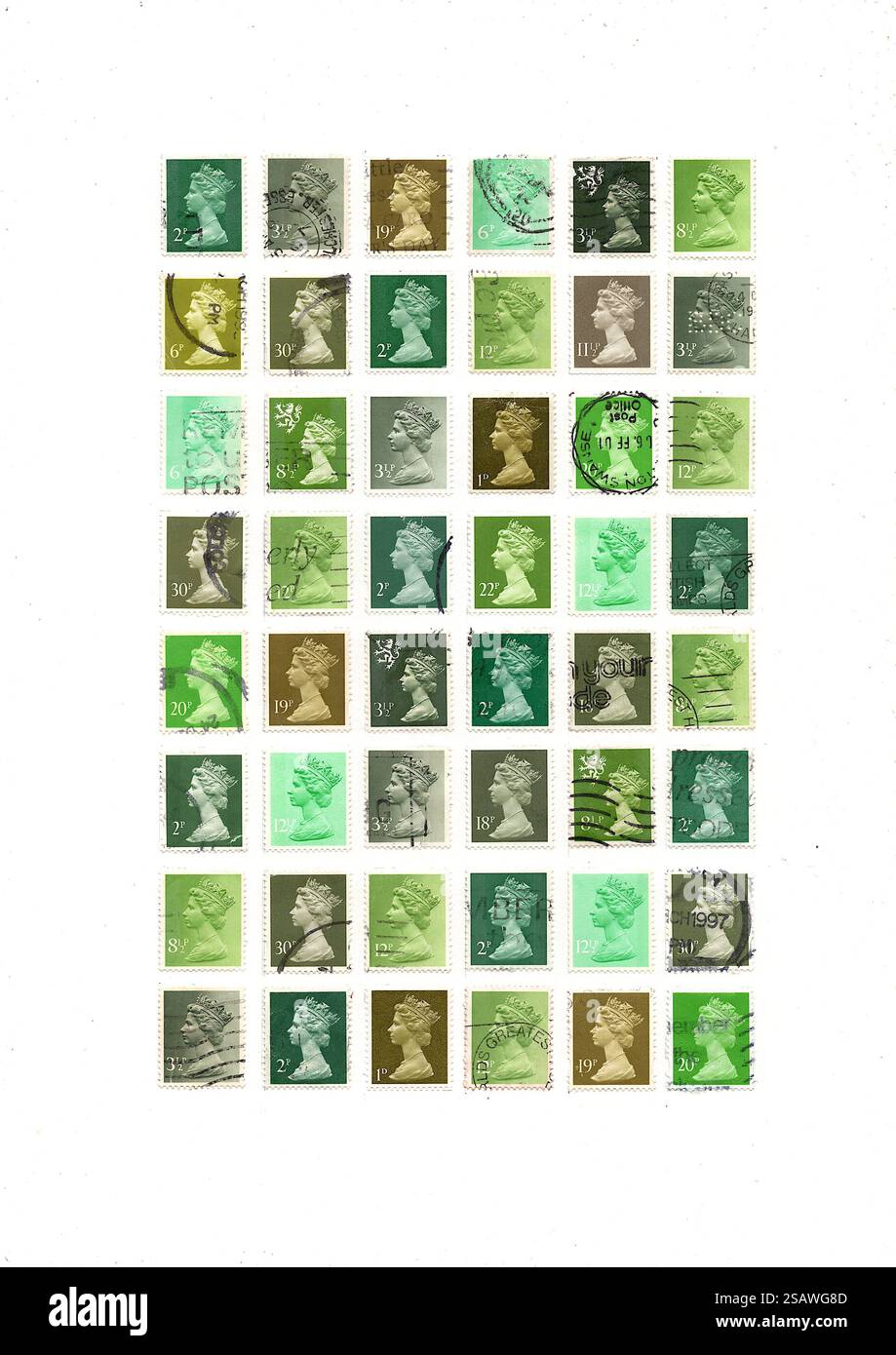 A collection of green vintage Queen Elizabeth II postage stamps from ...