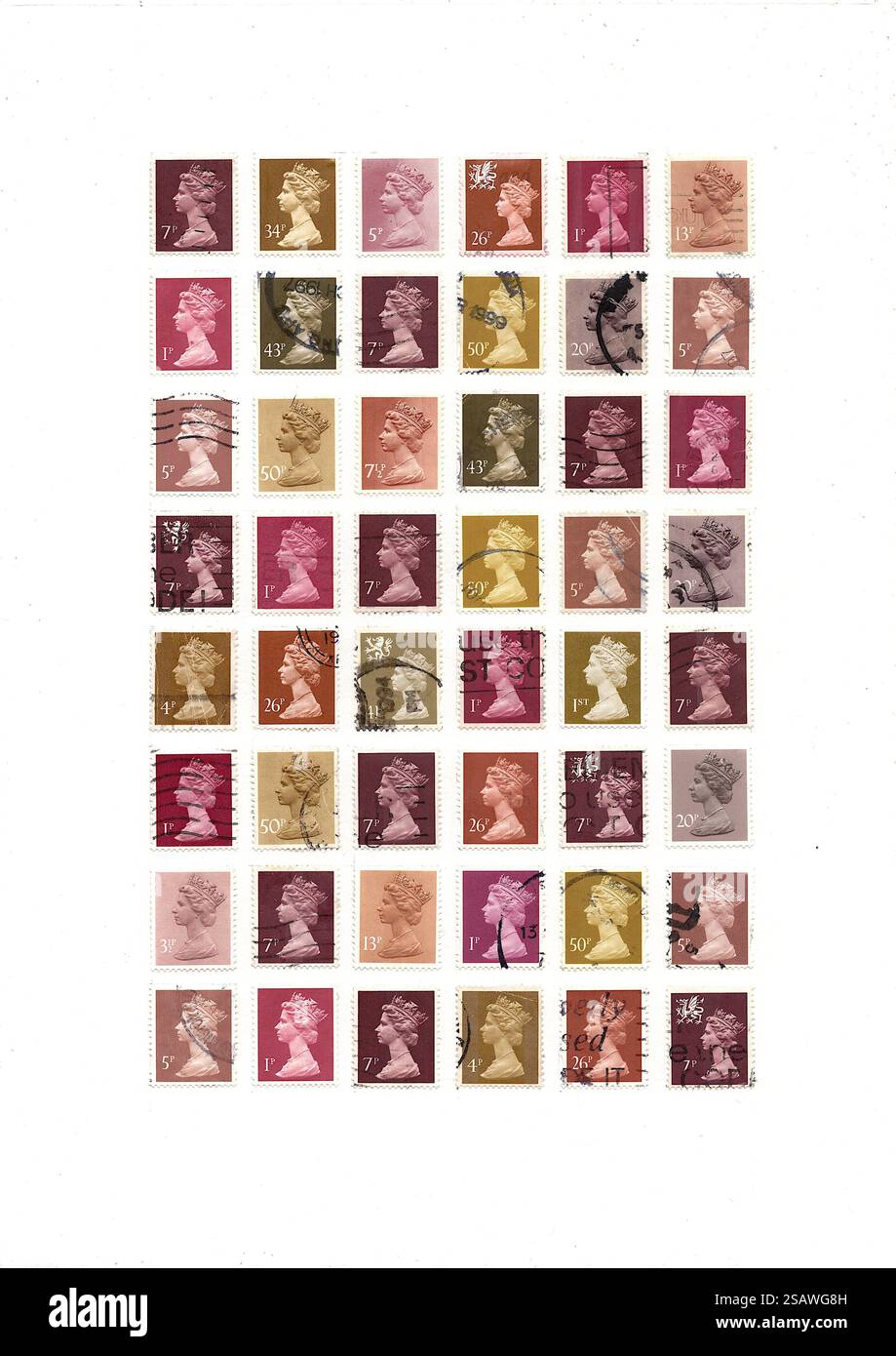 A collection of gold and red vintage Queen Elizabeth II postage stamps ...