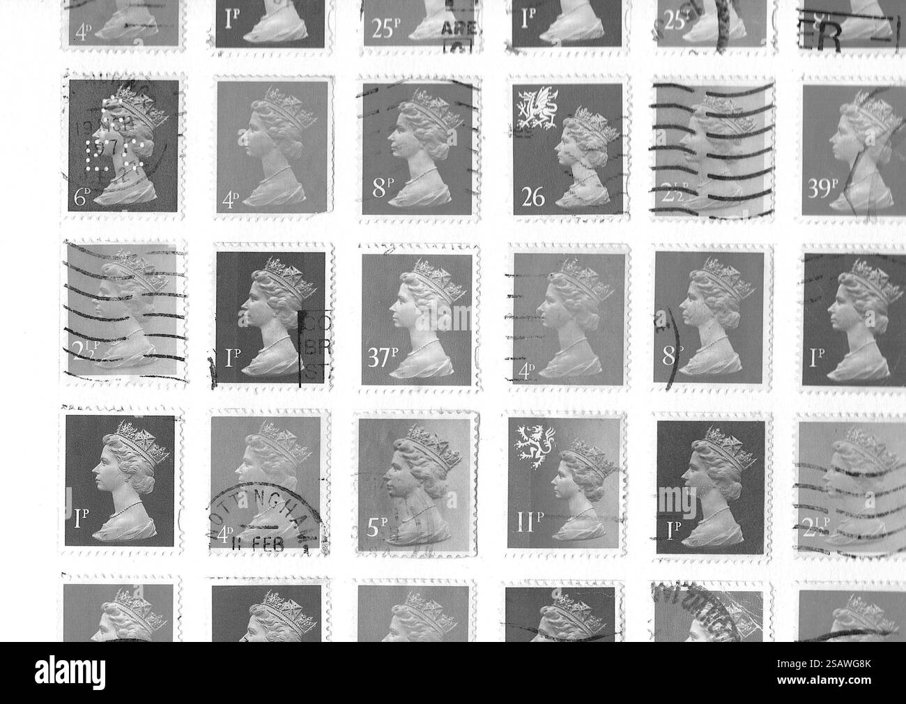 A collection of grey vintage Queen Elizabeth II postage stamps from the ...