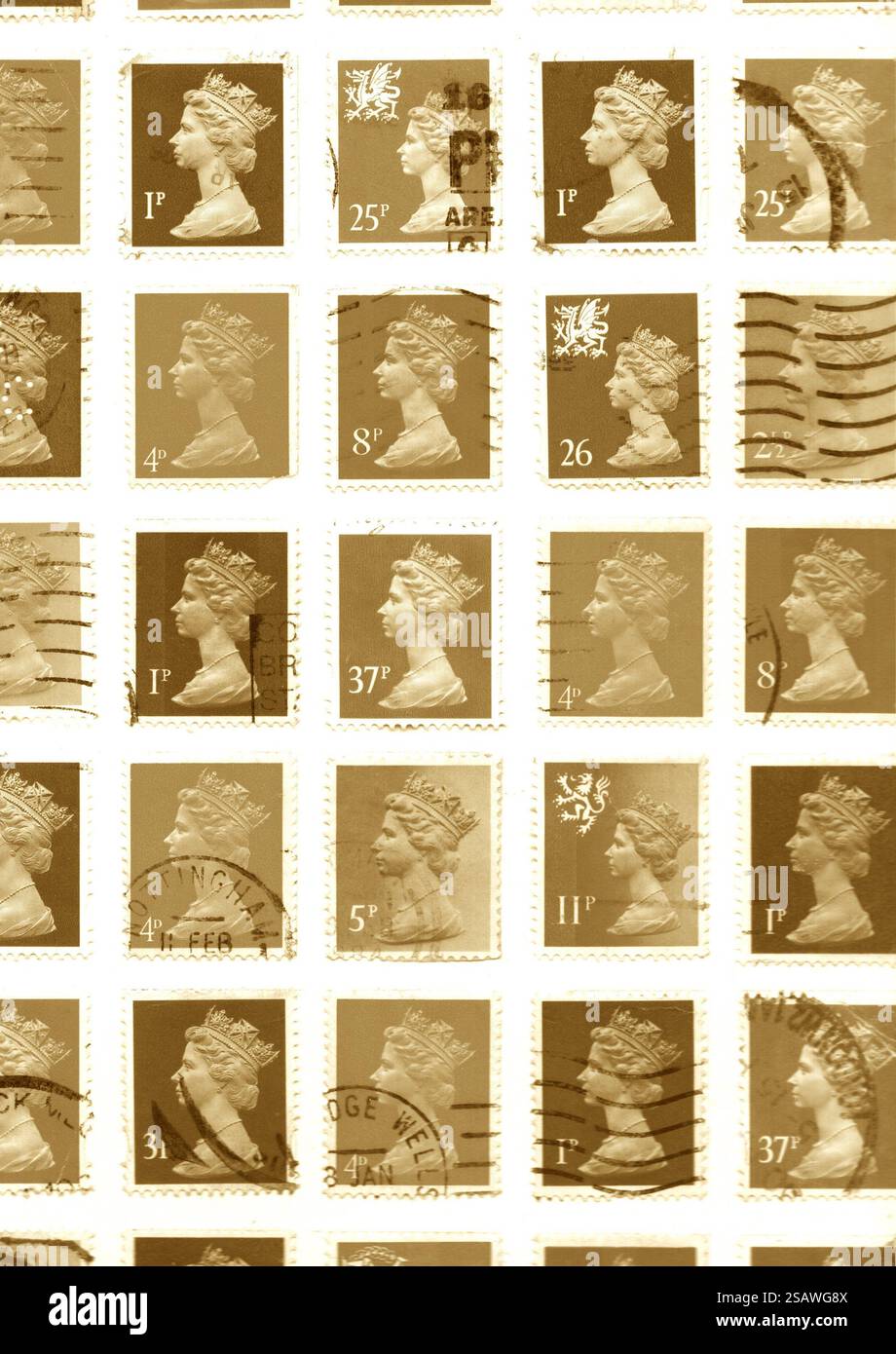 A collection of sepia vintage Queen Elizabeth II postage stamps from ...