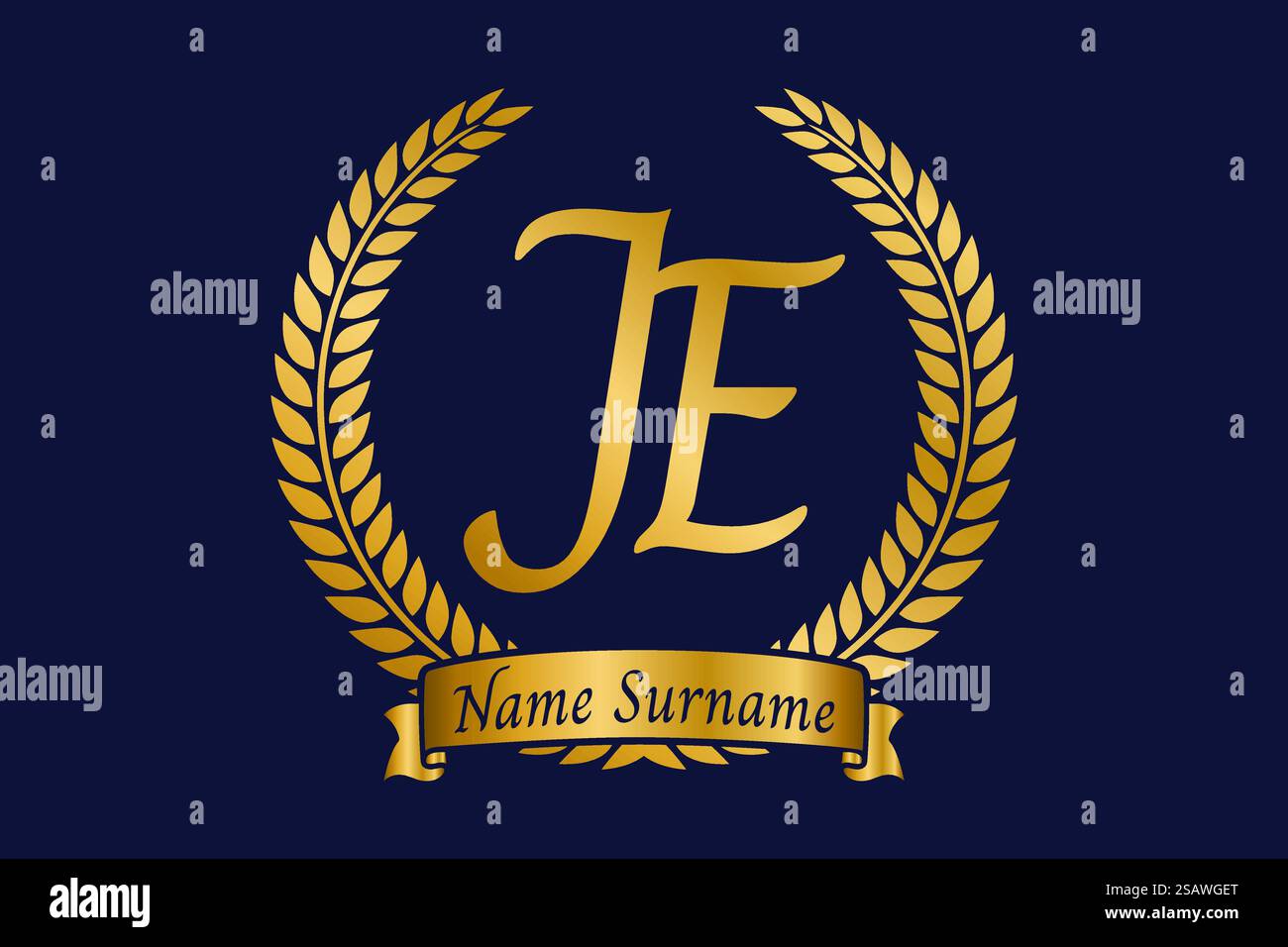 Initial letter J and E, JE monogram logo design with laurel wreath. Luxury golden emblem with ...