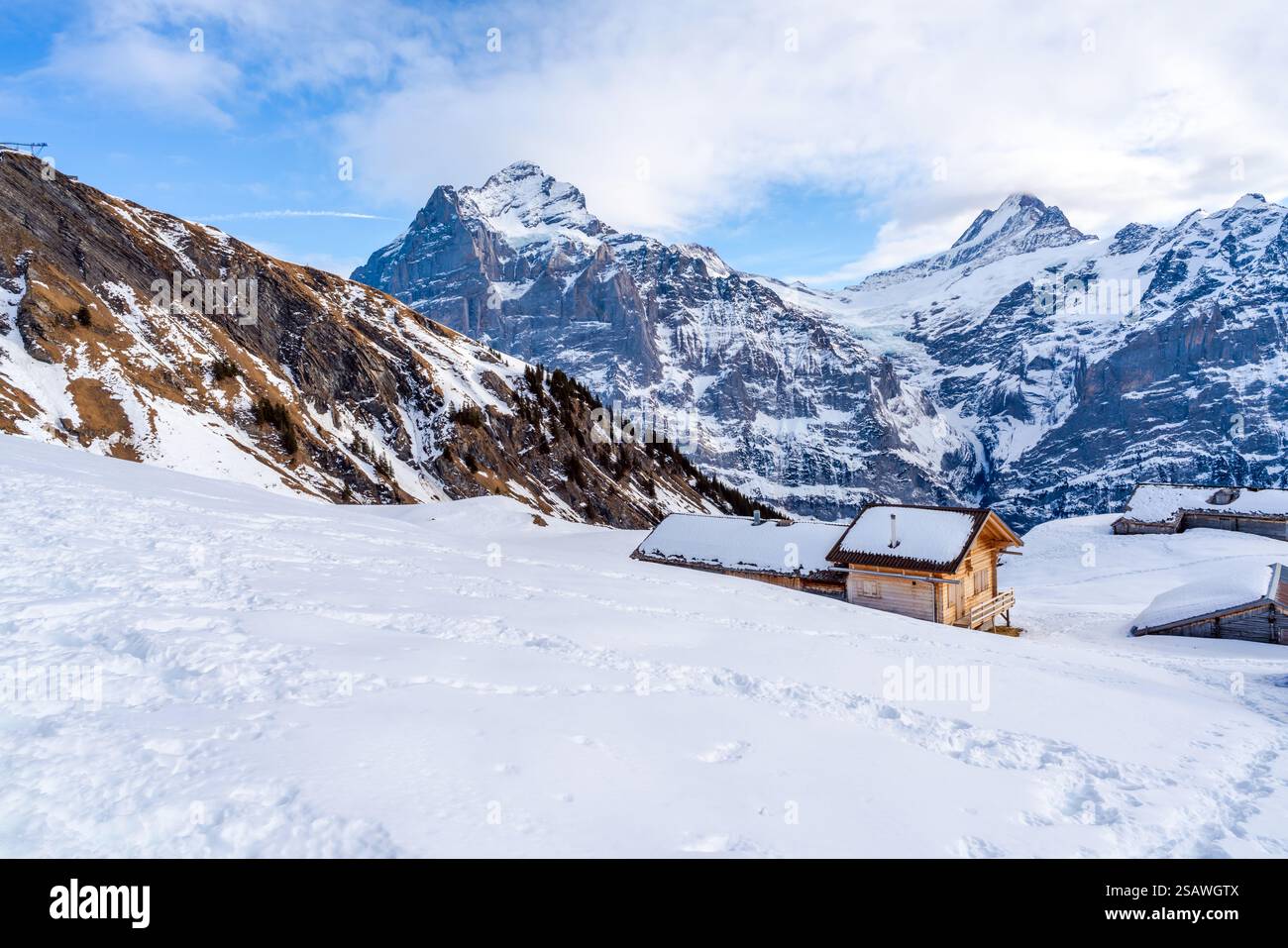 Winter landscape with snow covered peaks seen from the First mountain ...