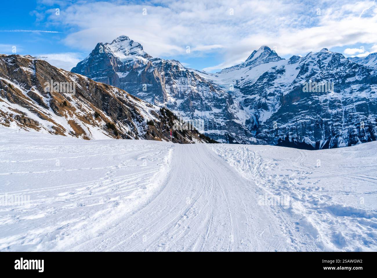 Winter landscape with snow covered peaks seen from the First mountain ...