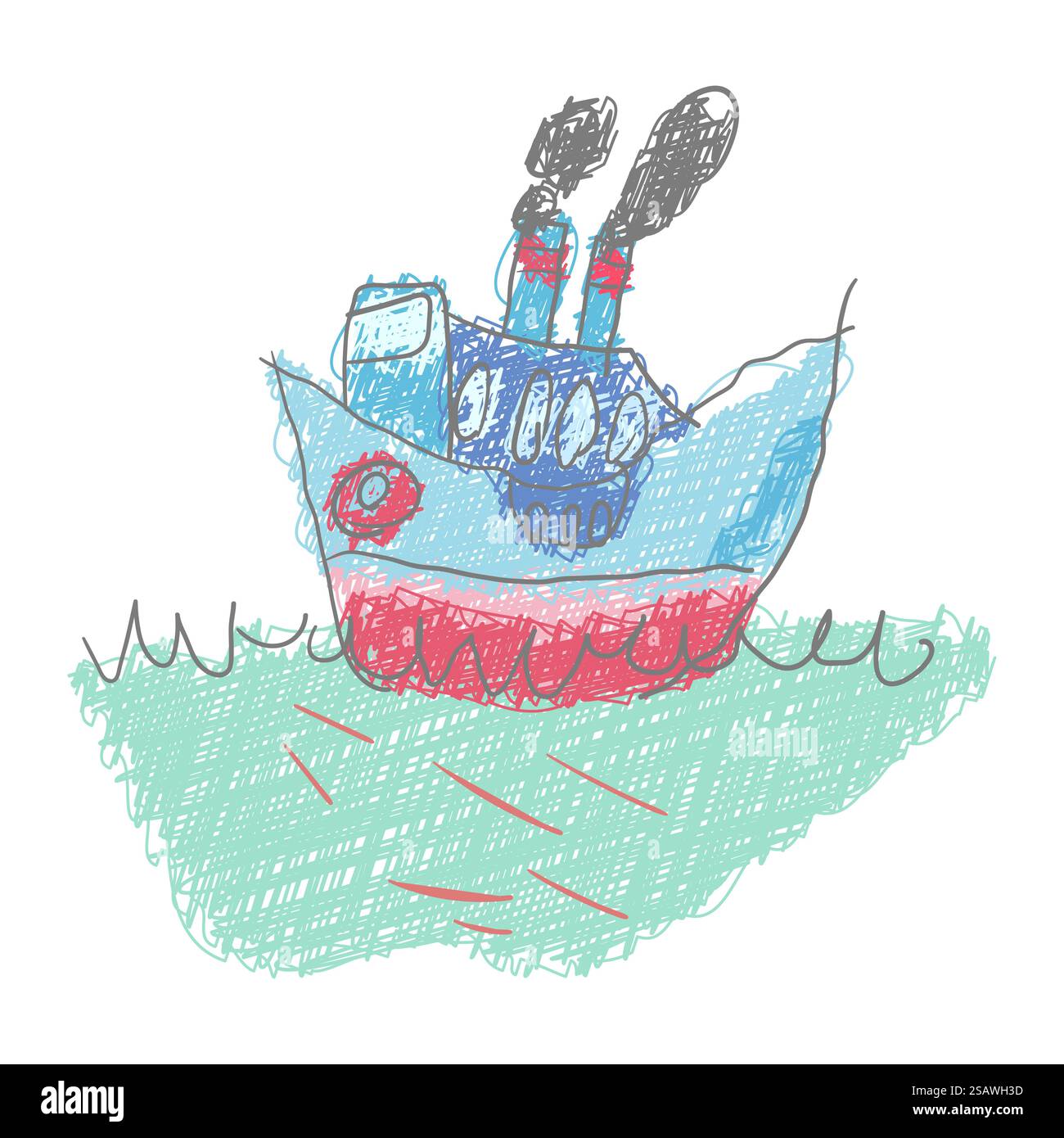 Ship isolated on white background. Child’s hand drawn pastel chalk ...
