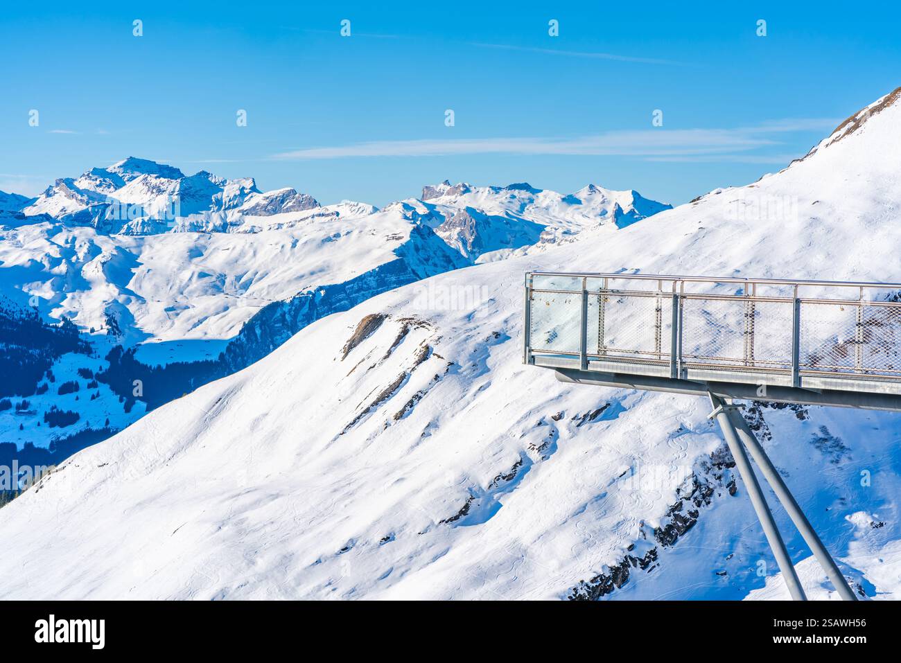 Metal bridge of the Cliff Walk on First mountain with spectacular view ...