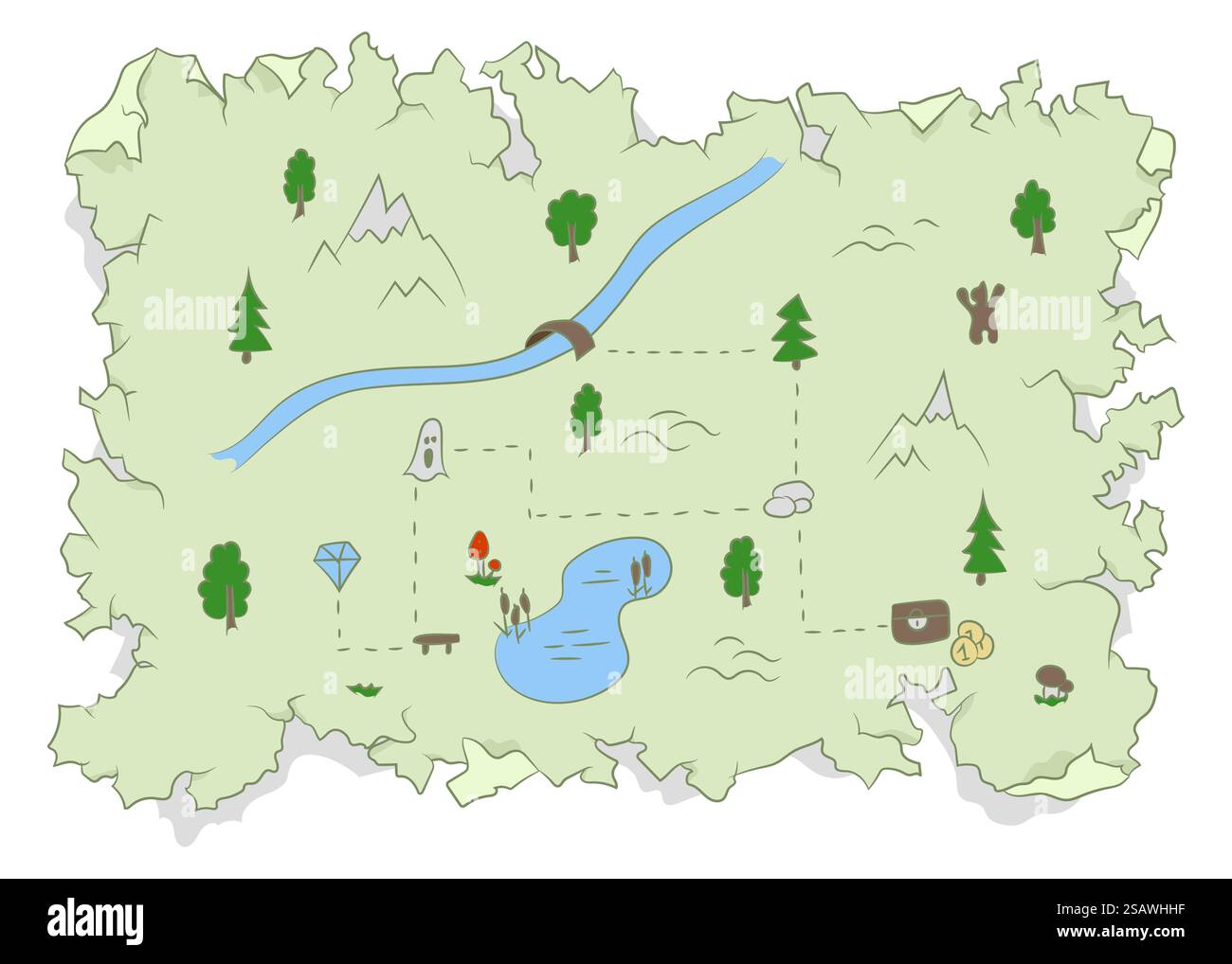 Ancient damaged treasure map hidden in the forest. Vector illustration ...
