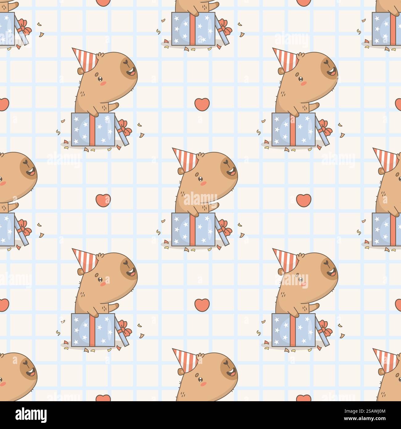 Seamless Pattern Happy Capybara in birthday cap in festive gift box on ...