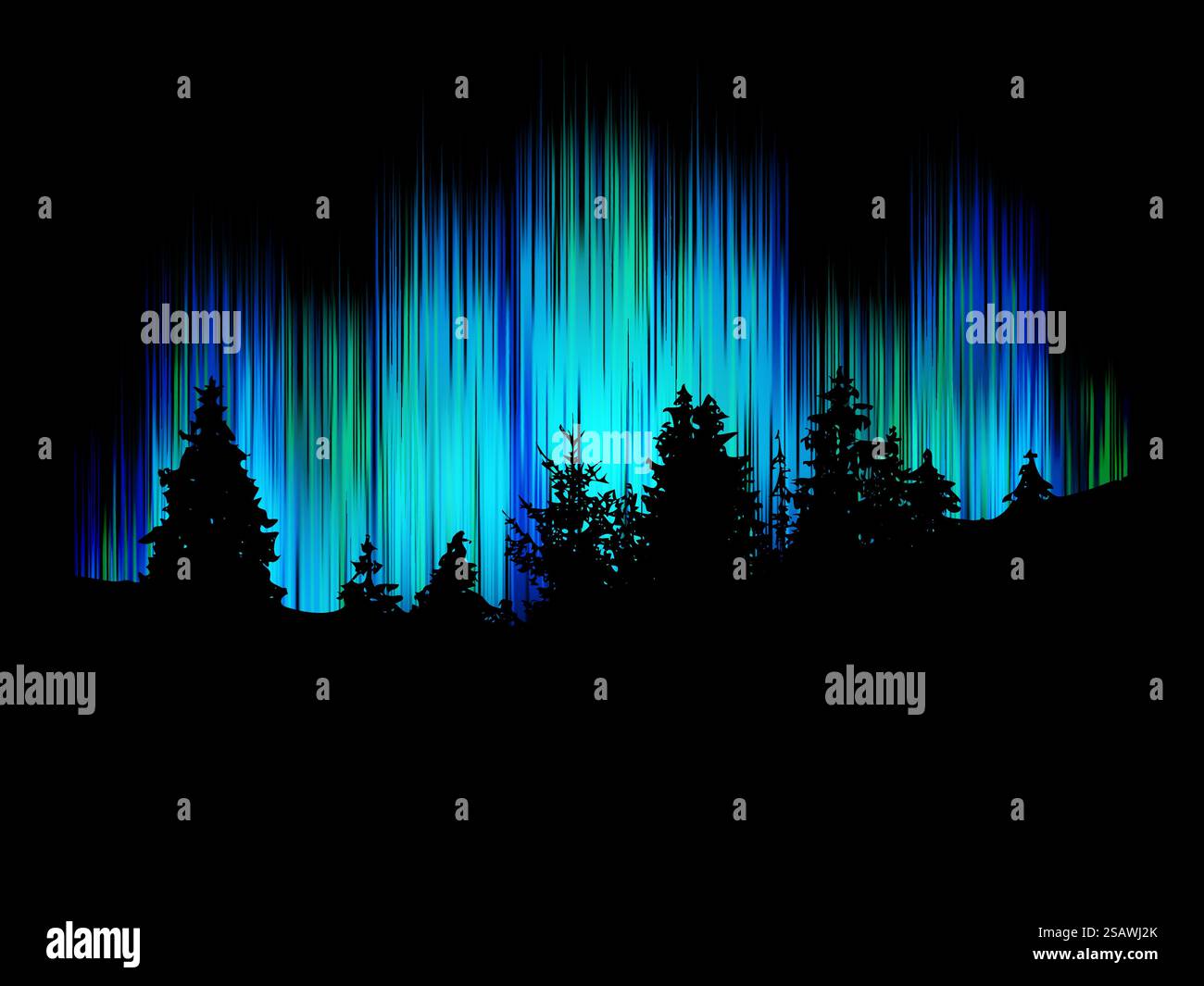 Northern lights vector. Forest silhouette against the background merry ...
