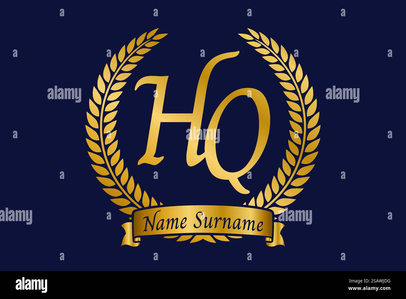Initial letter H and Q, HQ monogram logo design with laurel wreath. Luxury golden emblem with ...