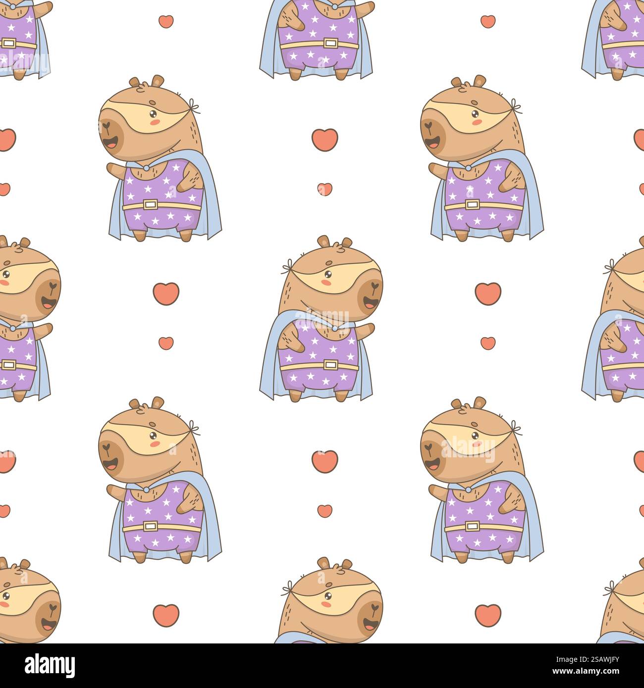 Superhero Capybara Seamless pattern. Romantic Cartoon kawaii animal in ...