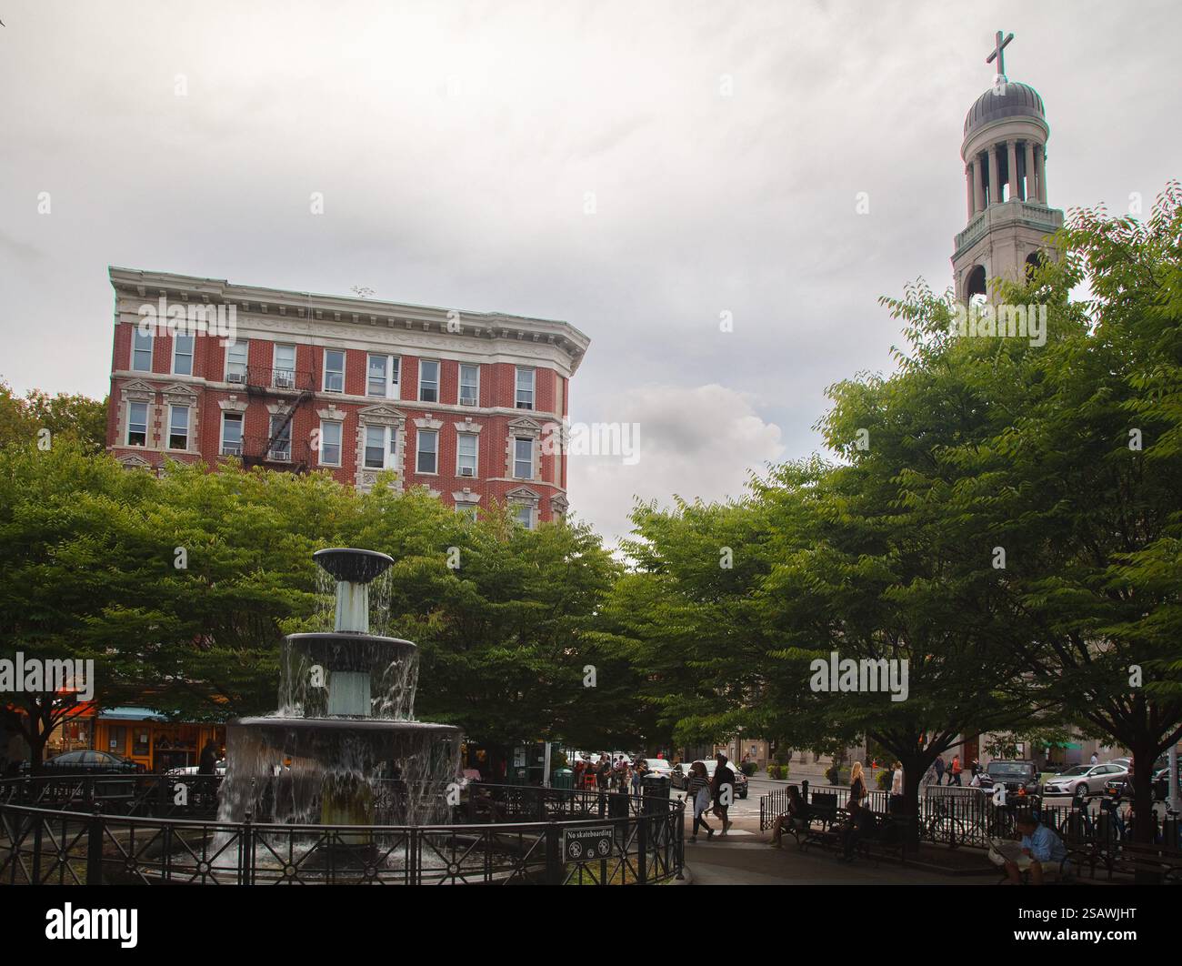 The Father Demo Square fountain and school at Bleeker street and ...