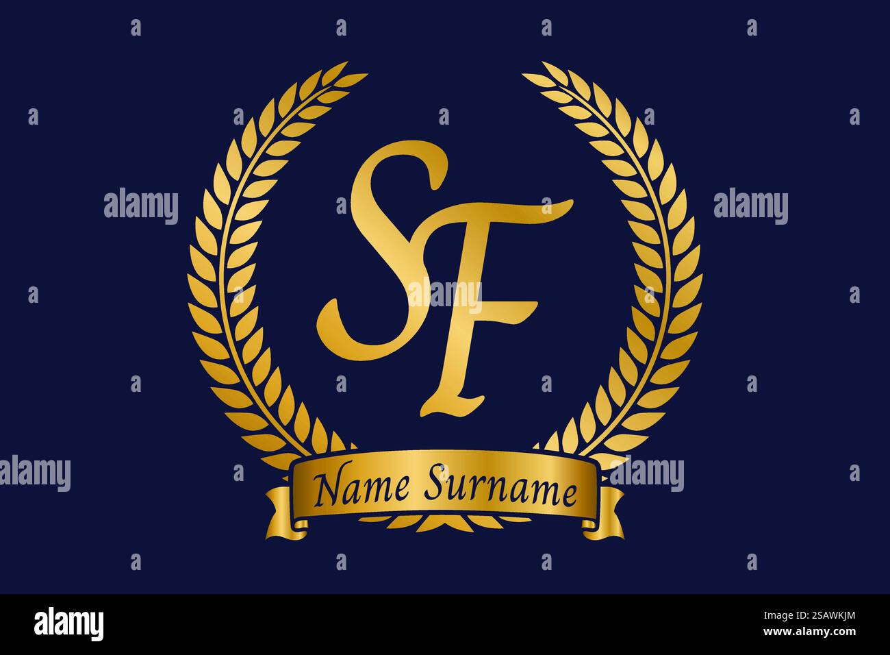 Initial letter S and F, SF monogram logo design with laurel wreath. Luxury golden emblem with ...