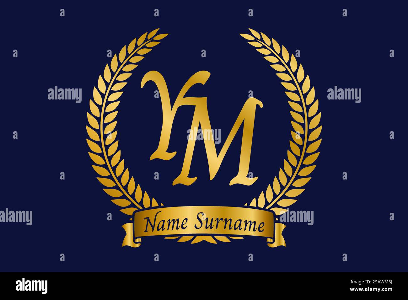 Initial letter Y and M, YM monogram logo design with laurel wreath. Luxury golden emblem with ...