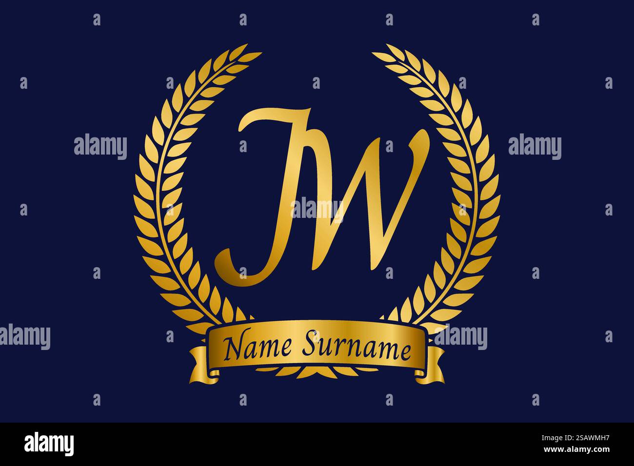Initial letter J and W, JW monogram logo design with laurel wreath. Luxury golden emblem with ...