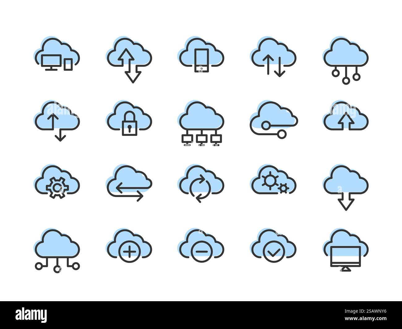 Set Icons Vector Cloud Computing Connection Big Data Global Server Line Design Network