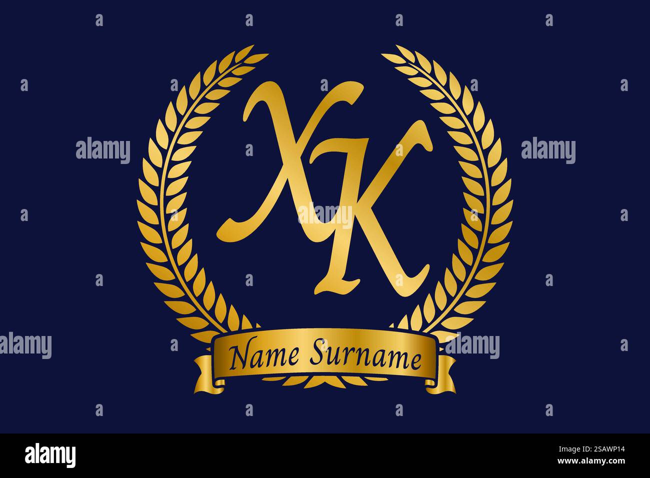 Initial letter X and K, XK monogram logo design with laurel wreath. Luxury golden emblem with ...