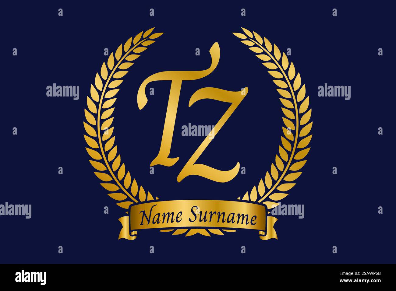 Initial letter T and Z, TZ monogram logo design with laurel wreath. Luxury golden emblem with ...