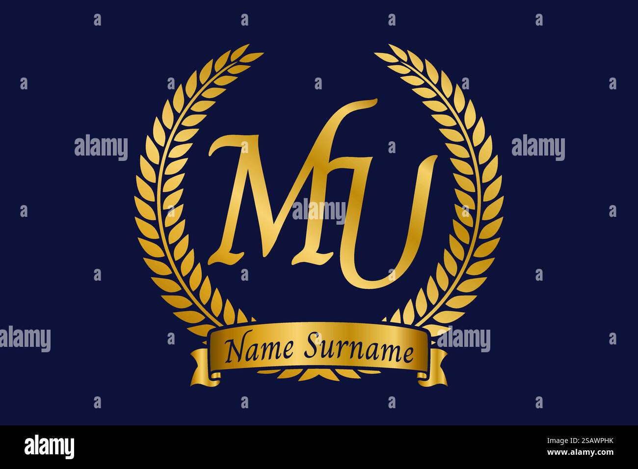 Initial letter M and U, MU monogram logo design with laurel wreath ...
