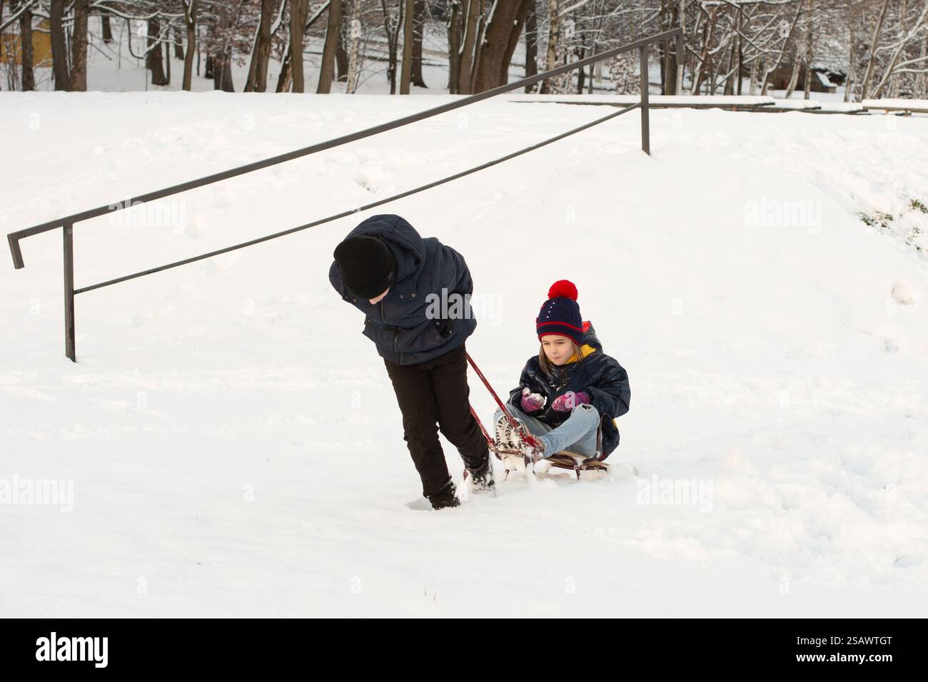 Two children enjoy a snowy day in a park. One child pulls a sled ...