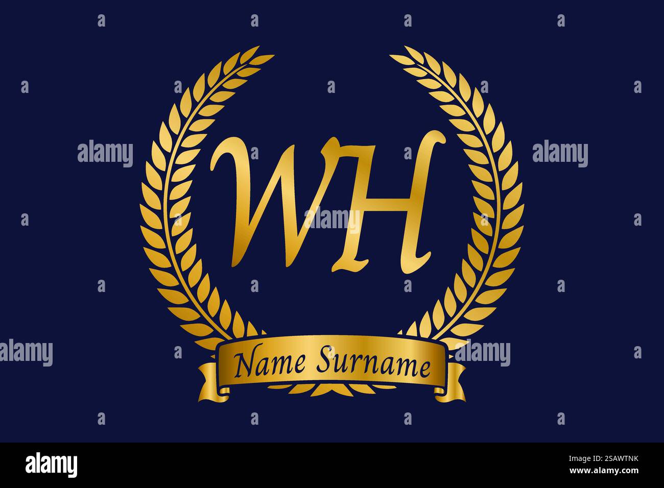 Initial letter W and H, WH monogram logo design with laurel wreath. Luxury golden emblem with ...