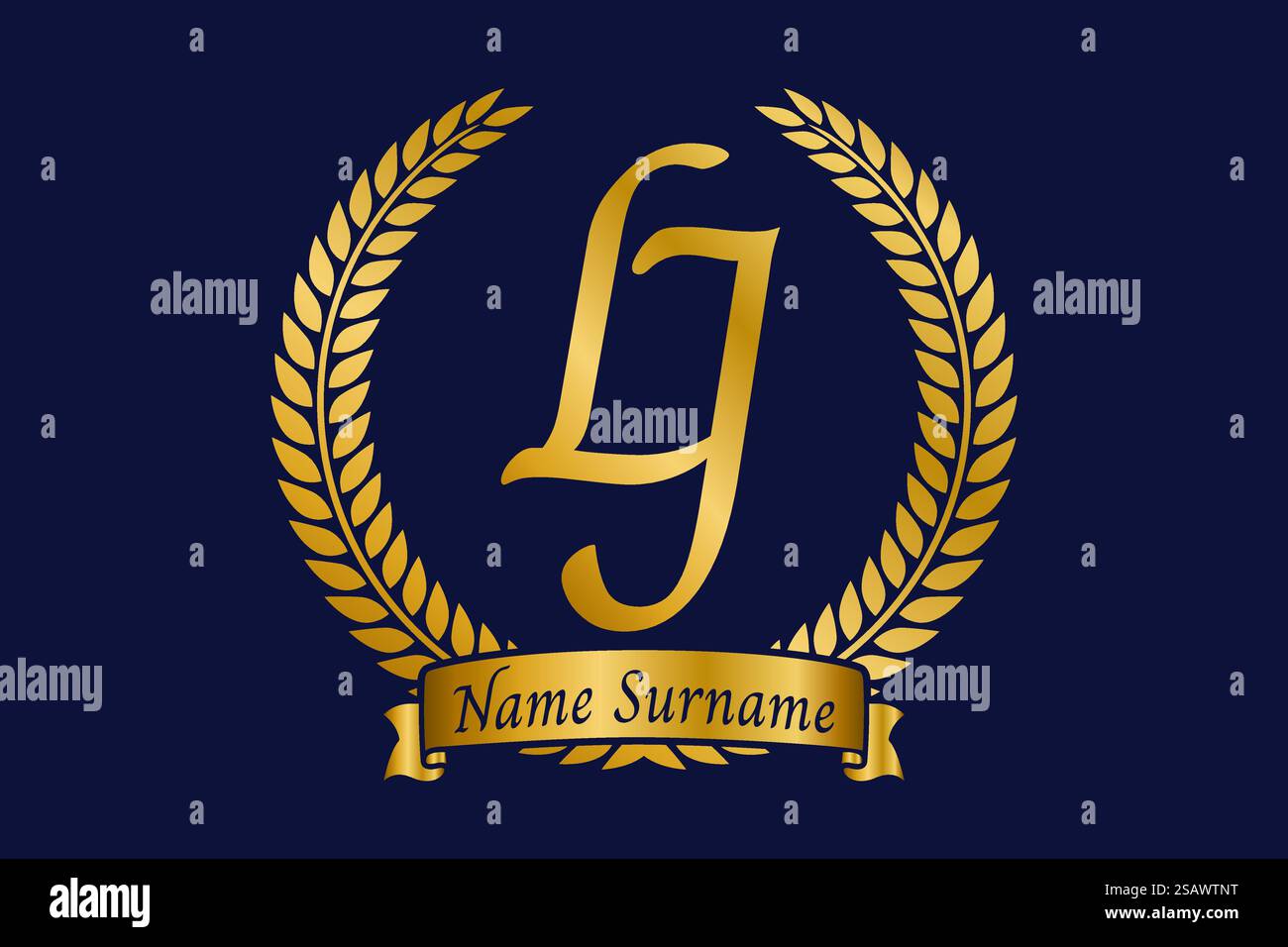 Initial letter L and J, LJ monogram logo design with laurel wreath. Luxury golden emblem with ...