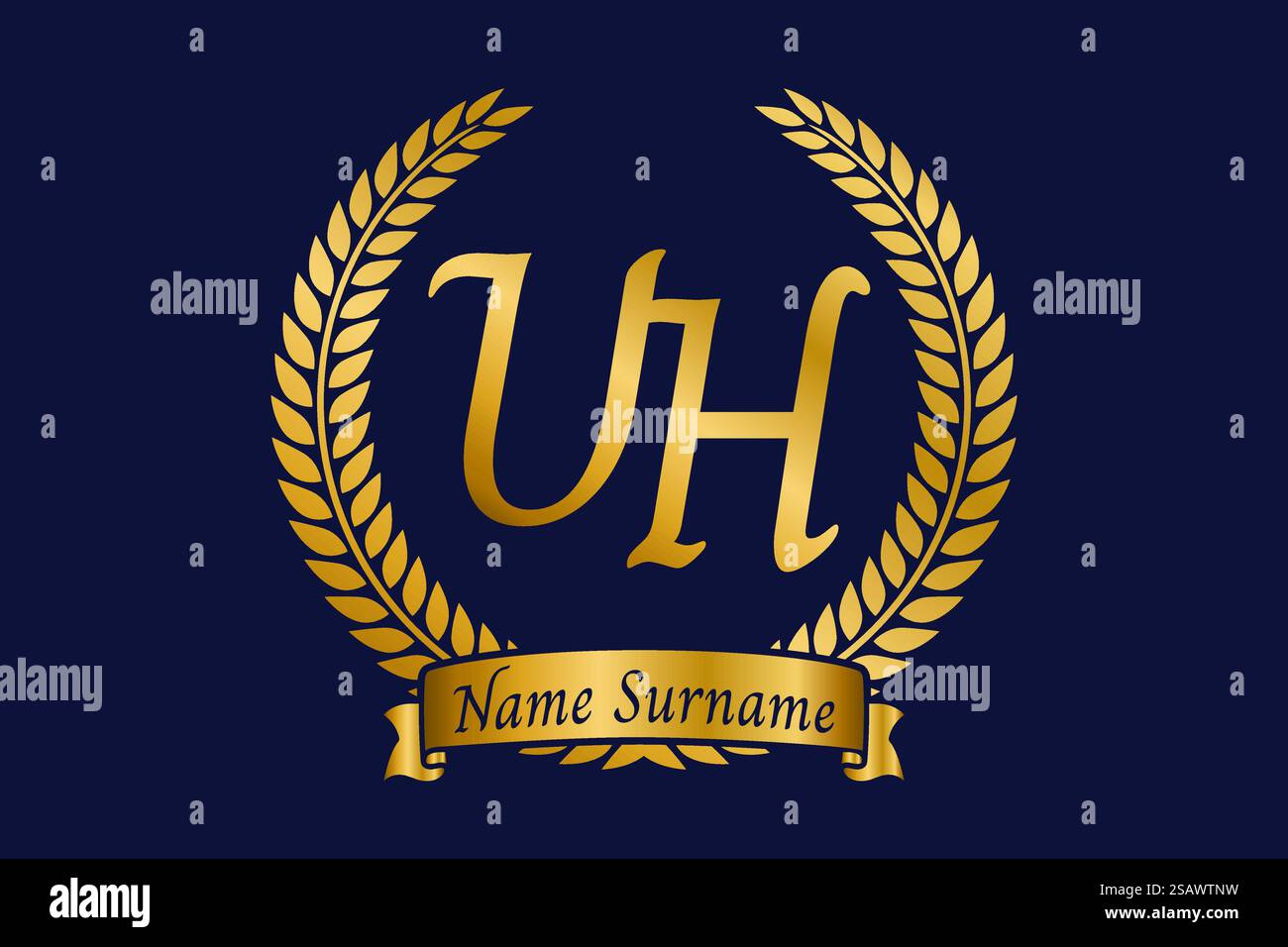 Initial letter U and H, UH monogram logo design with laurel wreath. Luxury golden emblem with ...