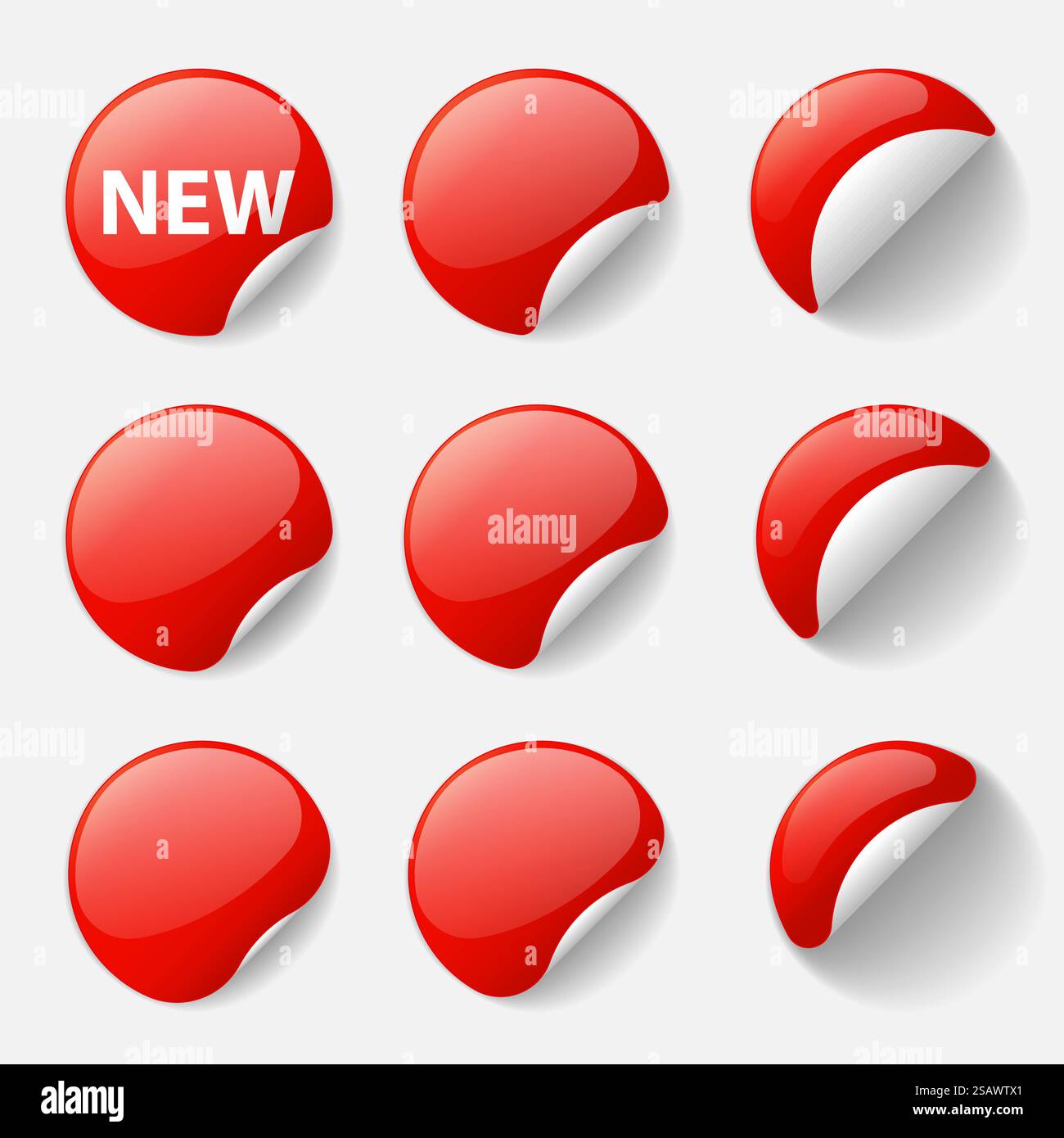 Set of round glossy red stickers with curled corner and shadows. Vector ...