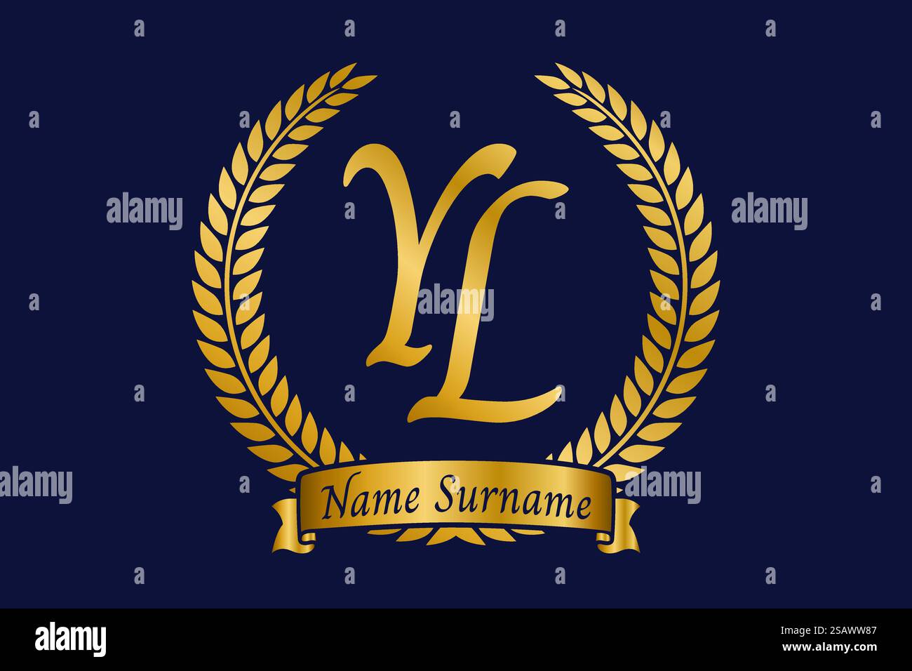 Initial letter Y and L, YL monogram logo design with laurel wreath. Luxury golden emblem with ...