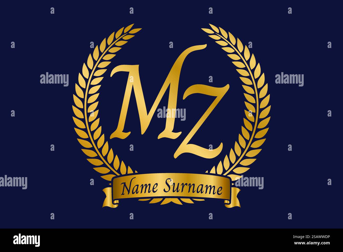 Initial letter M and Z, MZ monogram logo design with laurel wreath. Luxury golden emblem with ...
