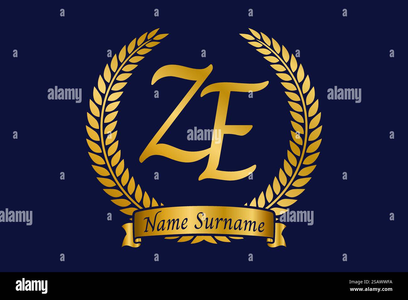 Initial letter Z and E, ZE monogram logo design with laurel wreath. Luxury golden emblem with ...