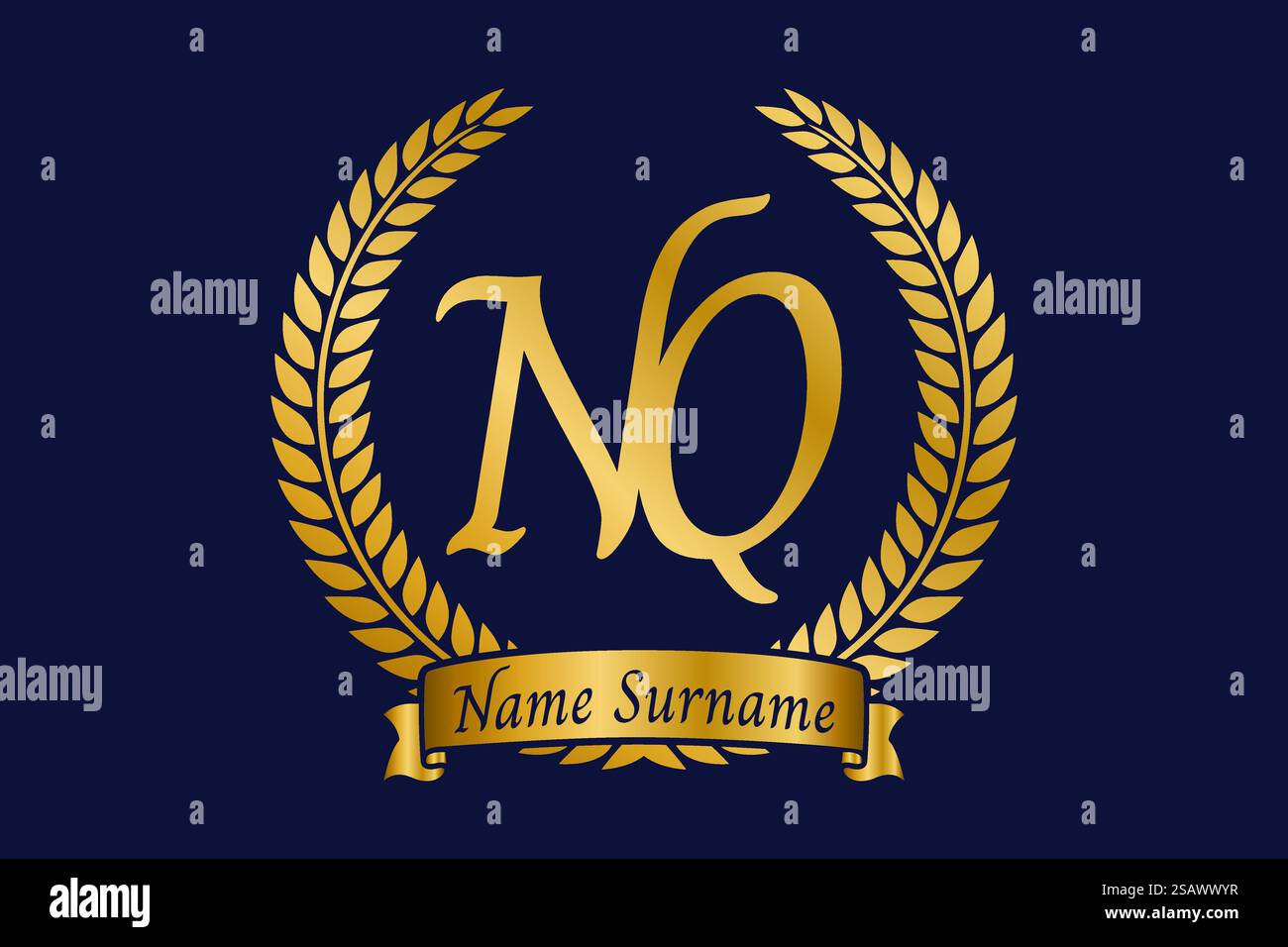 Initial letter N and Q, NQ monogram logo design with laurel wreath. Luxury golden emblem with ...