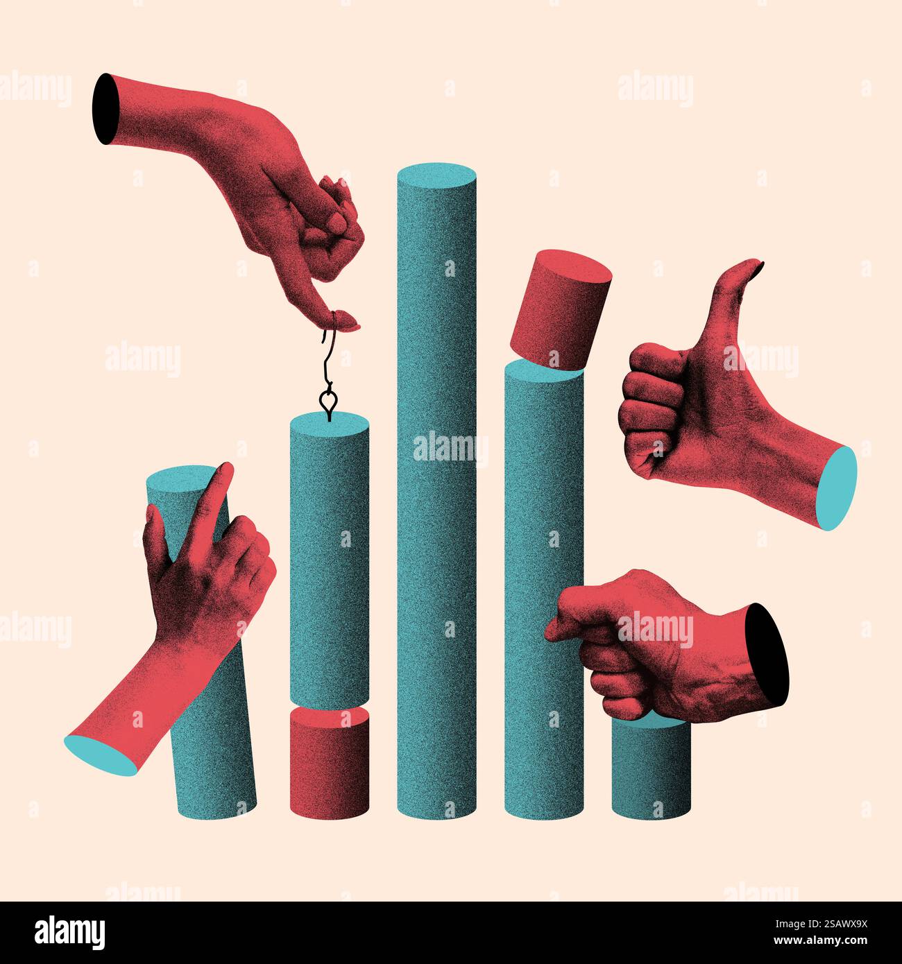 Conceptual illustration of hands engaging in teamwork, stacking ...