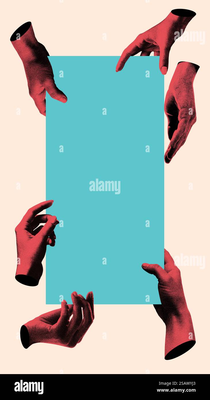 Shared responsibility. Multiple hands hold vibrant rectangle ...