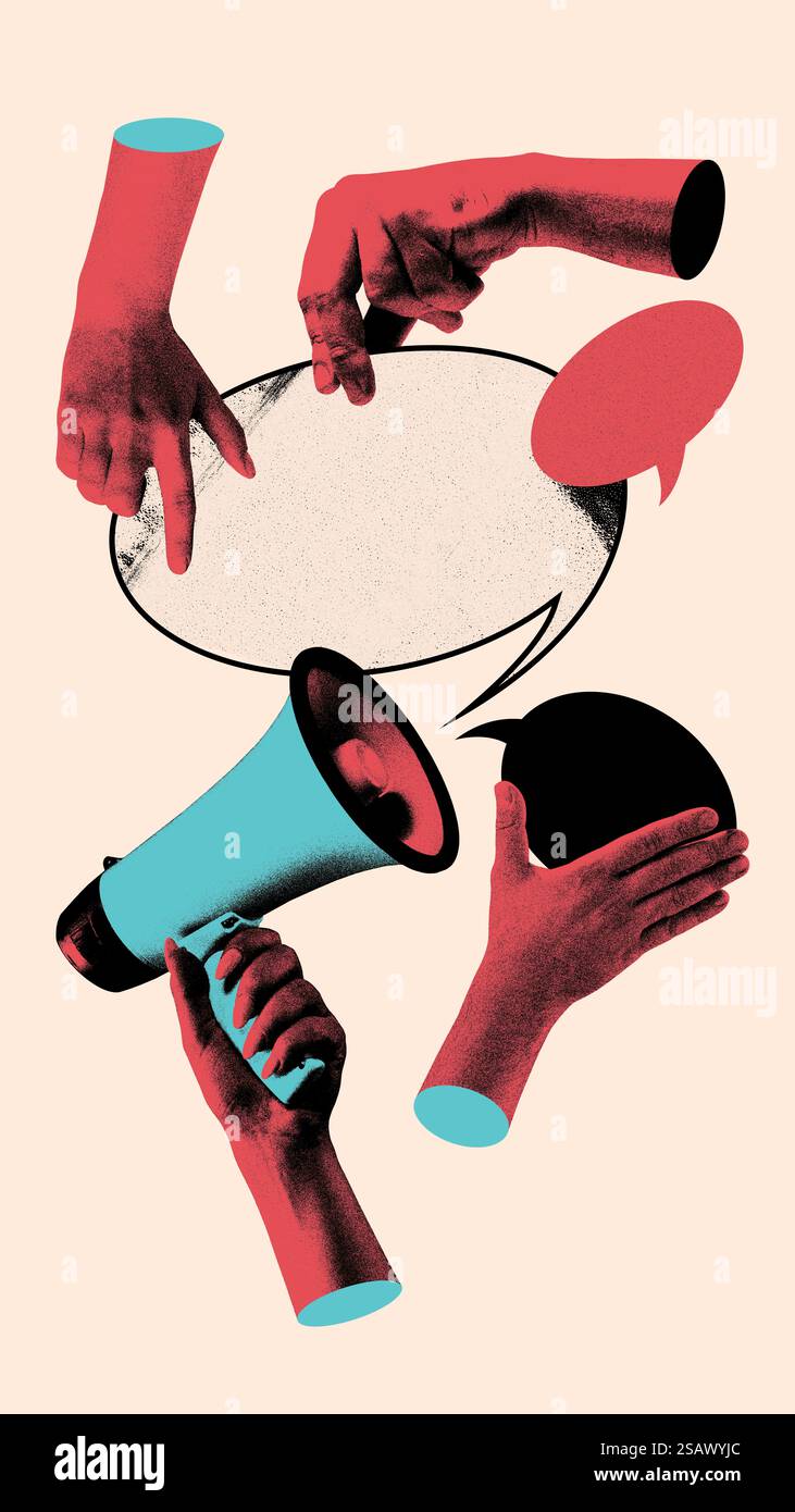 Visual communication. Multiple hands interact with speech bubbles and a ...