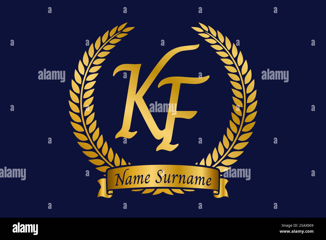 Initial letter K and F, KF monogram logo design with laurel wreath. Luxury golden emblem with ...