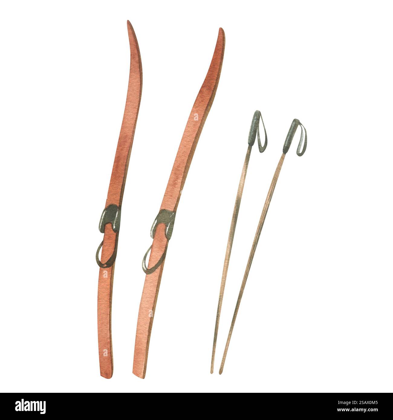 Retro red-brown skis with boot bindings with ski poles stuck in snow ...