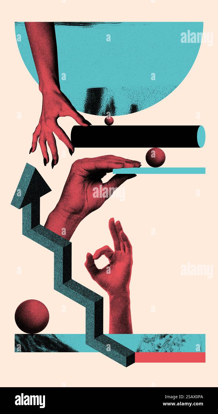 Multiple hands interacting with geometric shapes, maintaining in ...