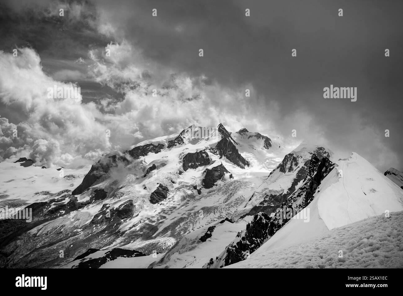 Summer black and white view of Mote Rosa Massif, Italy - Switzerland ...