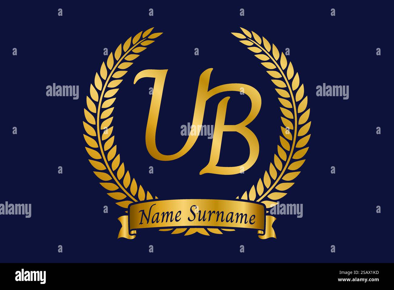 Initial letter U and B, UB monogram logo design with laurel wreath. Luxury golden emblem with ...