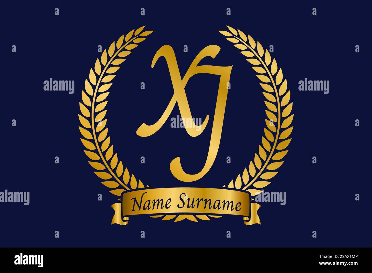 Initial letter X and J, XJ monogram logo design with laurel wreath. Luxury golden emblem with ...