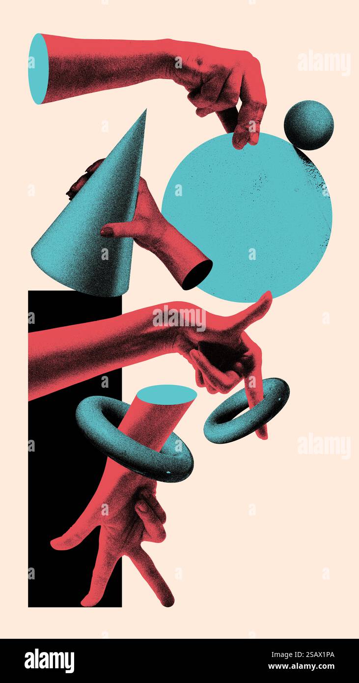 Multiple hands interacting with geometric shapes, portraying dynamic ...