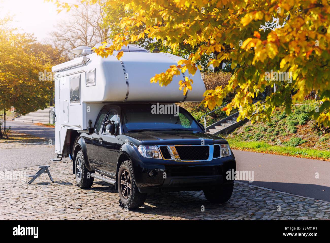 Scenic view pick-up off-road expedition truck parked many modern ...