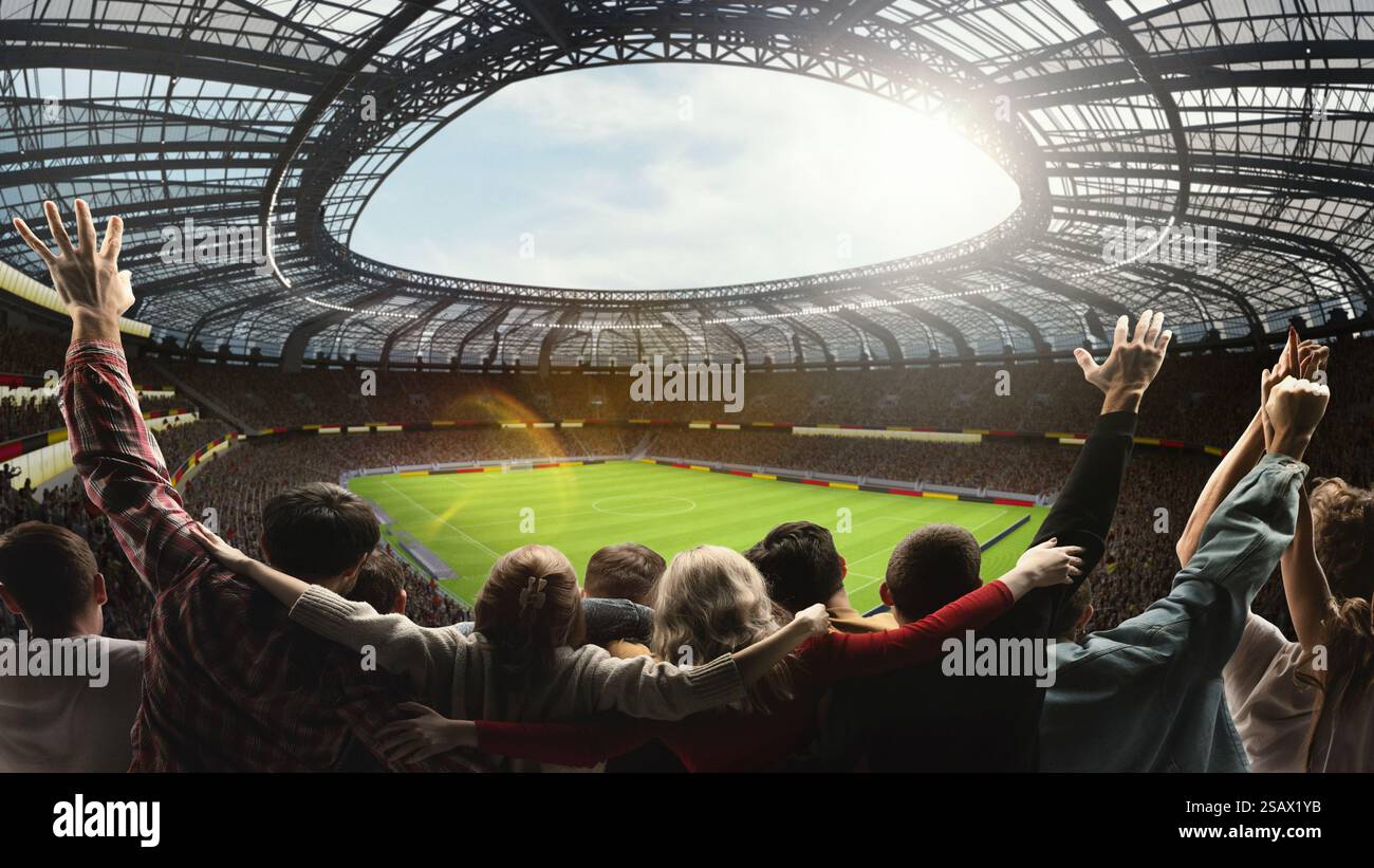 Sport match. Back view of football, soccer fans cheering their team at ...