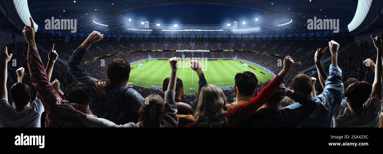 Football energy. Passionate soccer fans raising hands, cheering for ...