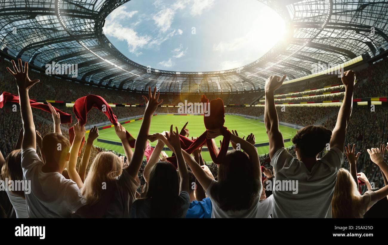 Emotional soccer fans. Enthusiastic supporters cheering with scarves ...