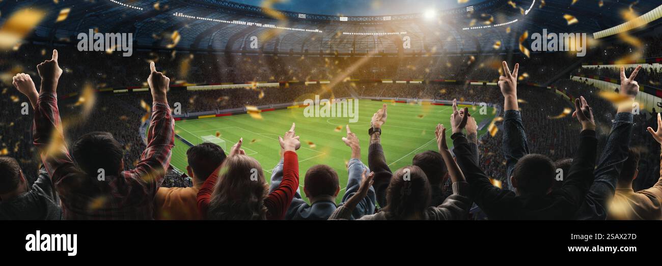 Victory moment. Soccer fans celebrating goal, raising hands up at ...