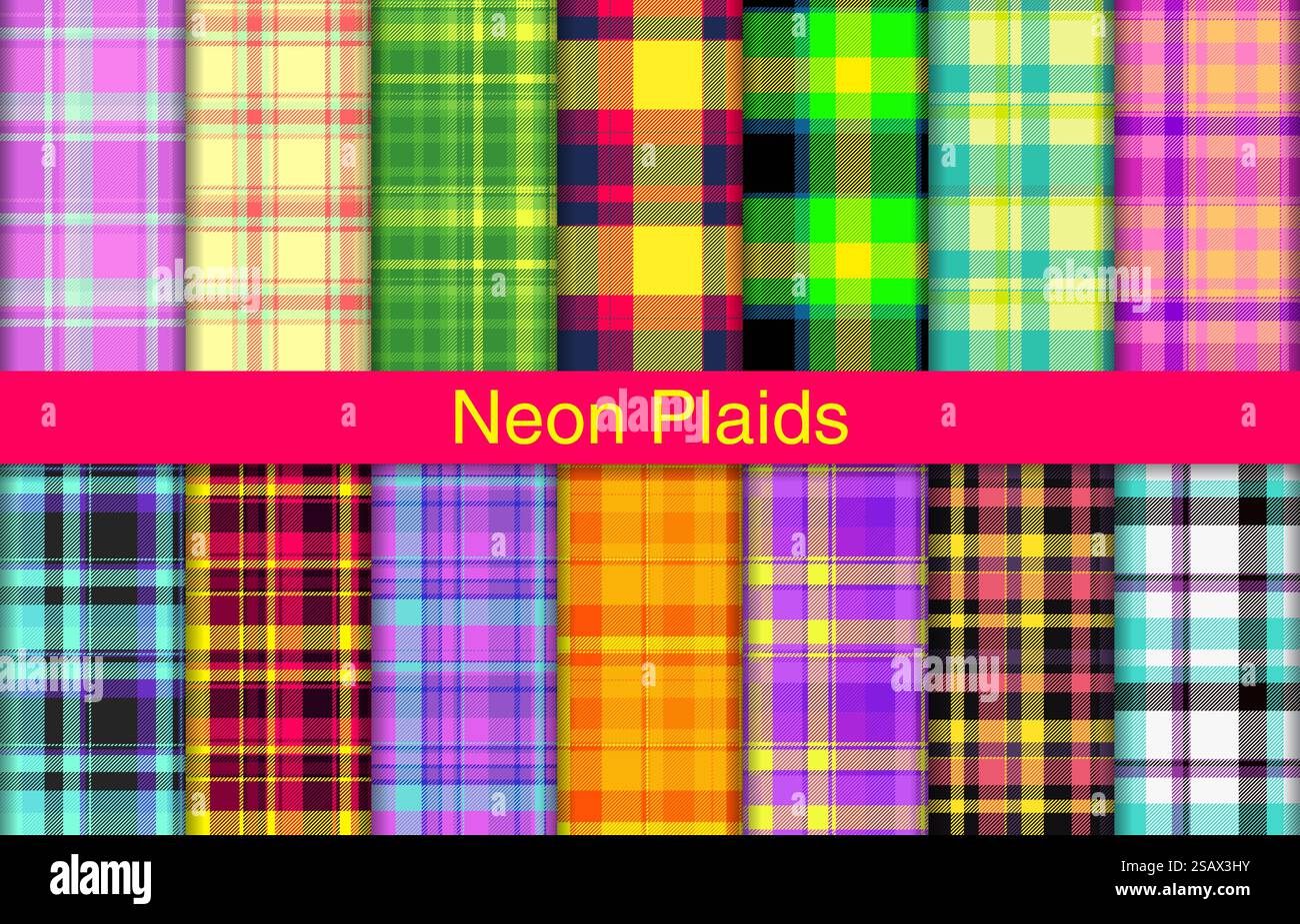 Neon plaid collection, textile design, checkered fabric pattern for ...