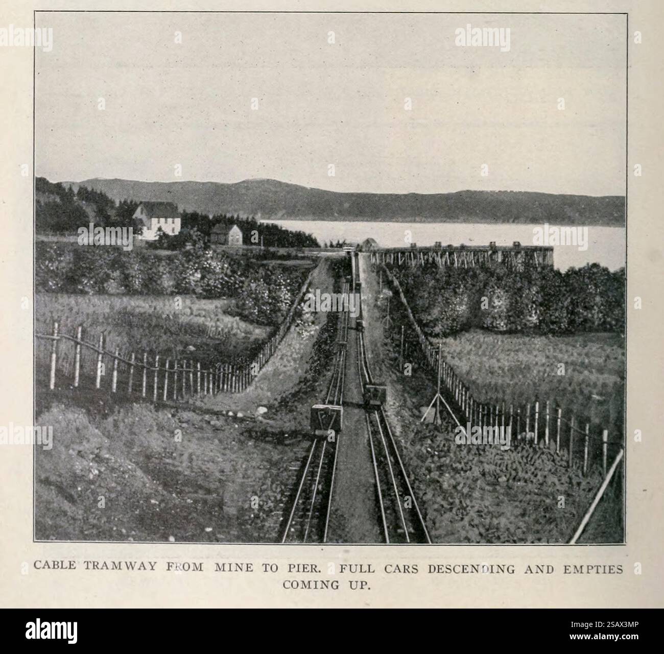 CABLE TRAMWAY FROM MINE TO PIER. FULL CARS DESCENDING AND EMPTIES ...