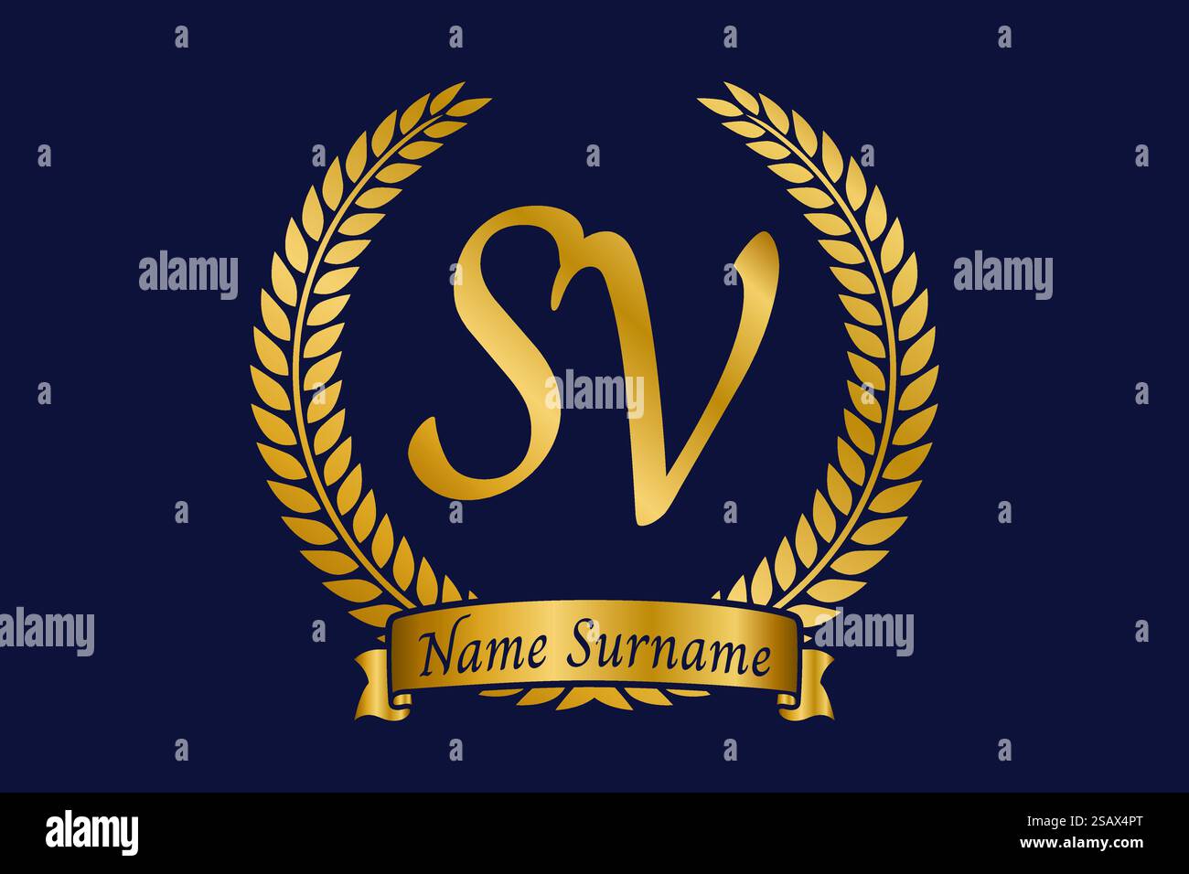Initial letter S and V, SV monogram logo design with laurel wreath. Luxury golden emblem with ...