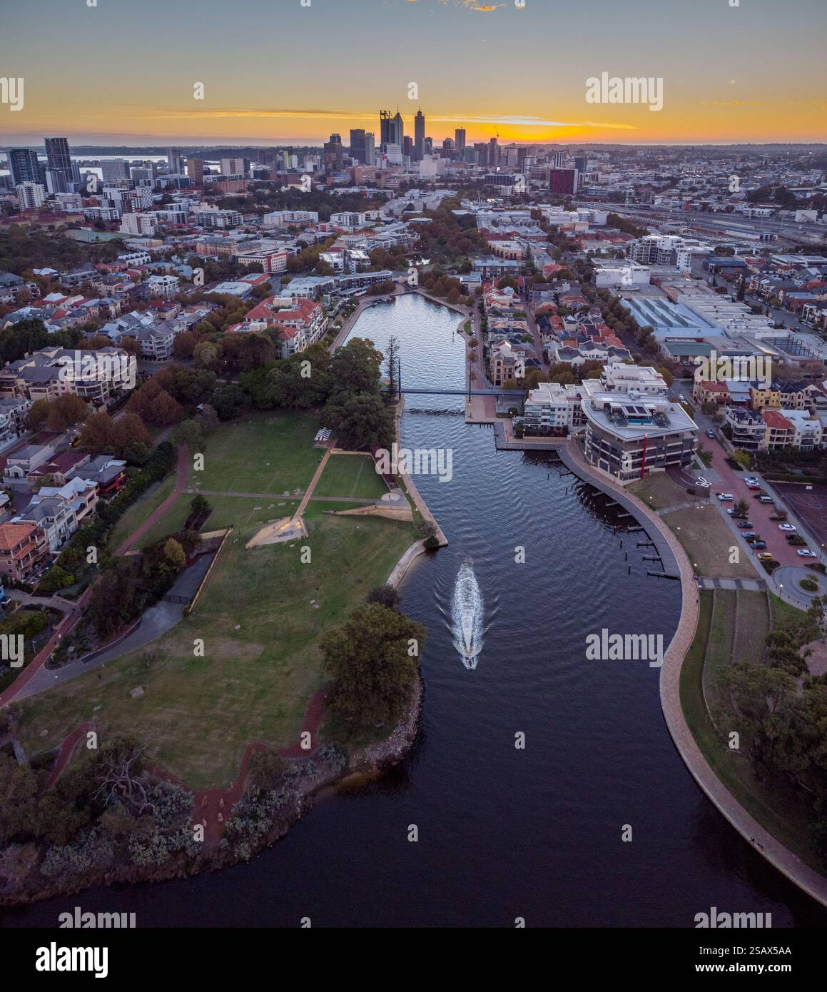Aerial view of the city and East Perth, Western Australia at sunset ...